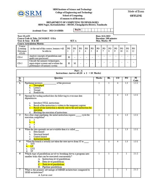 Coa Ct3 Set A Answer Key Pdf Multi Core Processor Central