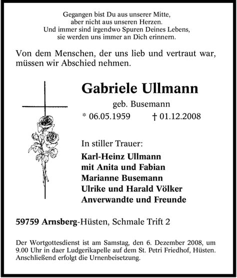 Traueranzeigen Von Gabriele Ullmann Trauer In Nrw De