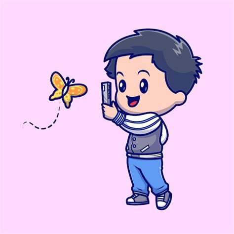Mignon Garçon Prenant Photo Papillon Avec Illustration Dicône De