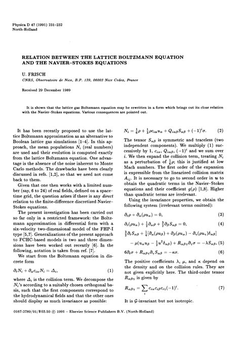 Pdf Relation Between The Lattice Boltzmann Equation And The Navier Stokes Equations