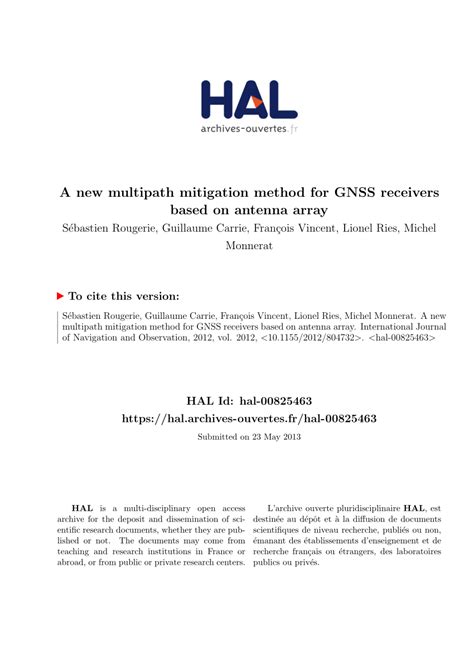 PDF A New Multipath Mitigation Method For GNSS Receivers Based On An Antenna Array
