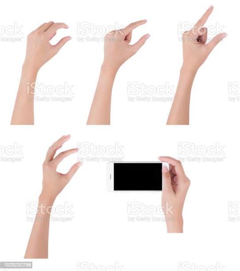 여 자가 빈 스크린 디스플레이와 컬렉션의 다른 스마트 폰 들고 터치 손과 손가락을 꼬집어 뭔가 확대 디지털 및 통신 개념 흰색 배경에 고립 검색에 대한 스톡 사진 및 기타