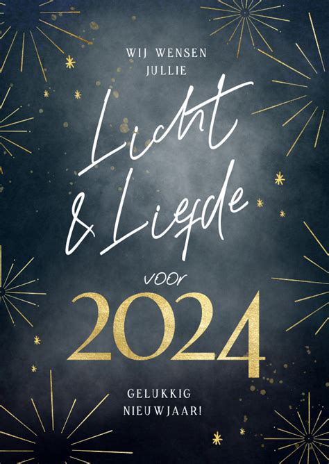 Nieuwjaarskaart Licht Liefde Goud Vuurwerk 2024 Kaartje2go