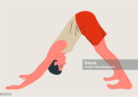 요가를하는 운동복을 입은 남자 요가를하는 젊은 핏 남자 강아지 자세에 대한 스톡 벡터 아트 및 기타 이미지 강아지 자세