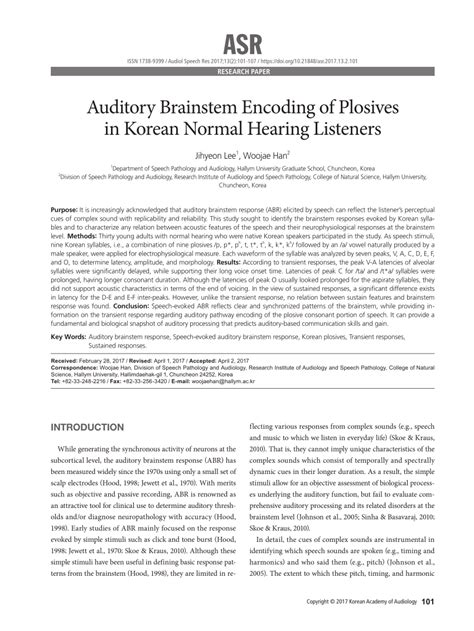 Pdf Auditory Brainstem Encoding Of Plosives In Korean Normal Hearing Listeners