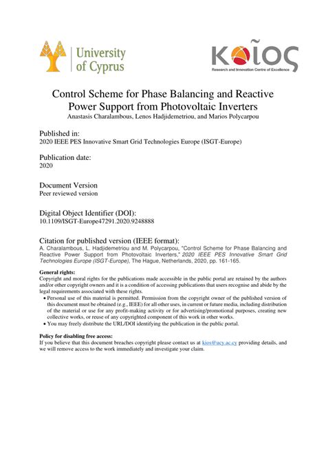 Pdf Control Scheme For Phase Balancing And Reactive Power Support From Photovoltaic Inverters