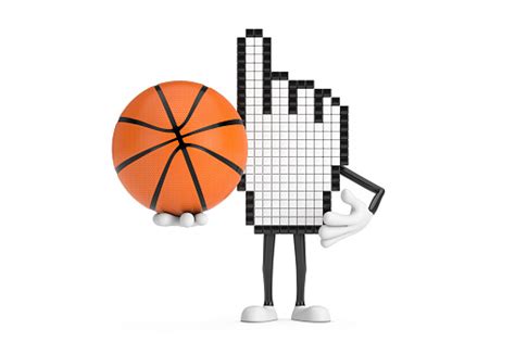 픽셀 핸드 커서 마스코트 농구 공이있는 사람 캐릭터 3d 렌더링 에 대한 스톡 사진 및 기타 이미지 가죽