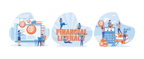 재정 컨설턴트 금융 교육 금융 이해력 및 회계 금융 문맹 퇴치 세트 평면 벡터 현대 일러스트 레이 션 개념에 대한 스톡 벡터