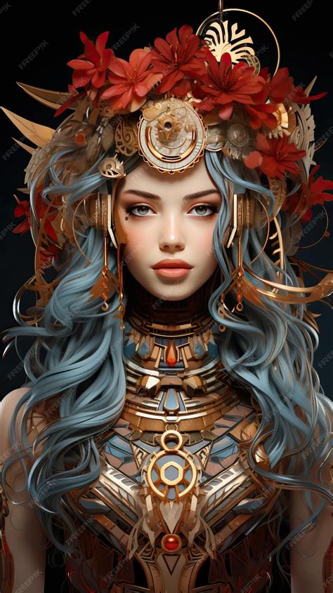 Premium Photo Young Woman With Gold Decoration And Red Flowers On Her