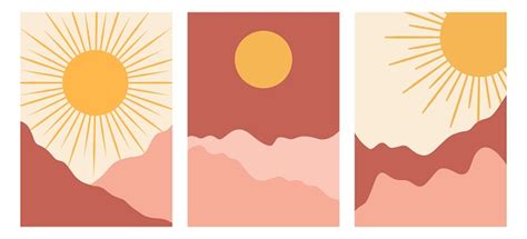 태양과 함께 창조적 인 추상적 인 산 풍경의 세트 손으로 그린 산 하늘 태양 및 달이있는 현대 중반 세기 벡터 일러스트레이션 패션 디자인 모던 양식에 대한 스톡 벡터 아트