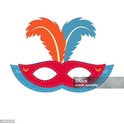 행복 한 브라질 카니발의 날입니다 빨간색과 파란색 색상 카니발 마스크 흰색 바탕에 오렌지와 블루 Feathes 금 금속에 대한