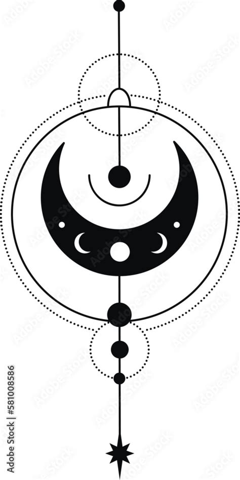 Bohemian Crescent Moon With Stars And Rays Astrology Illustration Moon