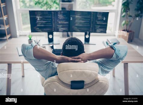 Rear Photo Of Server Operator Successful Guy It Developer Relaxing He