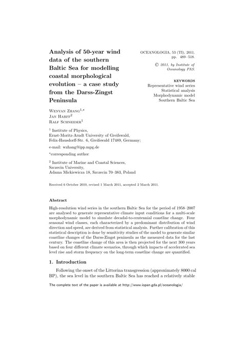 Pdf Analysis Of 50 Year Wind Data Of The Southern Baltic Sea For Modelling Coastal