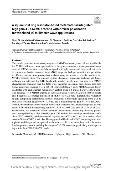 A Square Split Ring Resonator Based Metamaterial Integrated High Gain 4 × 4 Mimo Antenna With