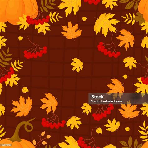 가을 이음매 없는 패턴 갈색 체크 무늬 배경에 호박이 있는 가을 잎이 있는 빨간 마가목 열매를 뭉치 디자인 포장 벽지 및 직물을 위한 벡터 가을 그림 가을에 대한 스톡 벡터