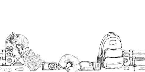 잉크 손으로 그린 벡터 스케치입니다 원활한 배너 관광 액세서리 배낭 스티커가 있는 진공 플라스크 여행용 베개 내비게이션 지도