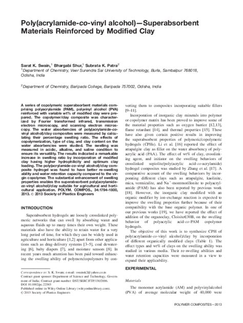 Pdf Poly Acrylamide Co Vinyl Alcohol Superabsorbent Materials