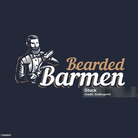 수염 Barmen 바 키퍼 또는 바텐더 작업 실루엣에 셰이 커 로고 디자인 블랙 바탕에손으로 그린 남자 턱수염과 콧수염 벡터