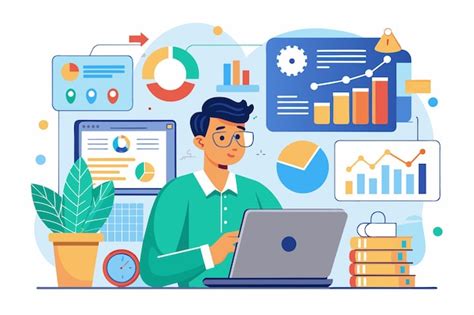 A Data Analyst Reviews Project Metrics On A Laptop Surrounded By Charts