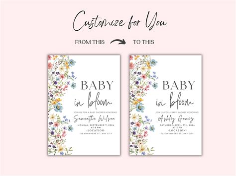 Baby In Bloom Wildflower Invitation Spring Flowers Summer Flowers Editable Canva Template Baby