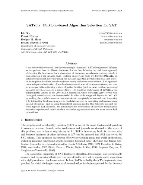 Satzilla Portfolio Based Algorithm Selection For Sat Ubc Frank Hutter Huttercsubc Holger H