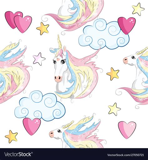 Seamless Pattern With Unicorns Stars Clouds Vector Image