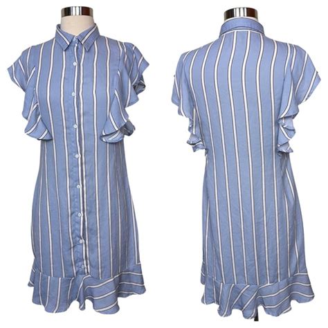 Gilli Dresses Gilli Blue Striped Ruffled Flutter Sleeve Button Down