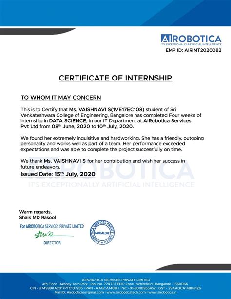 Vaishnavi S On Linkedin Internship Airobotica Datascience Ml