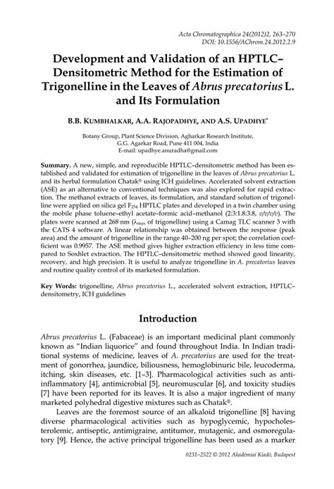 Pdf Development And Validation Of An Hptlc Densitometric Method For The Estimation Of