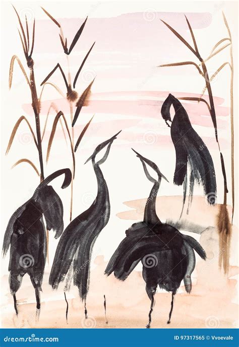 Cranes On The Lake Shore At Sunset Stock Illustration Illustration Of