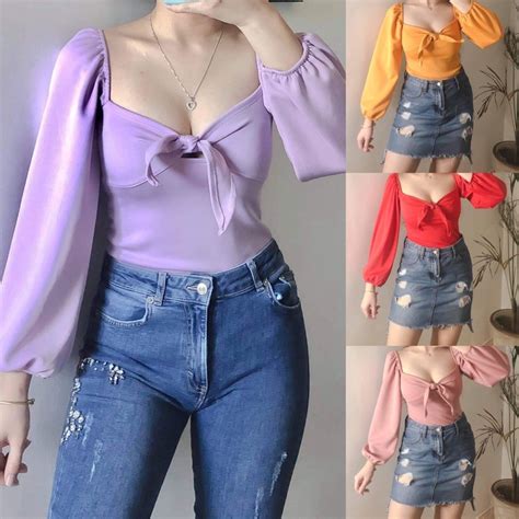 Ss Teresa Sexy Puff Long Sleeves Tops Crop Top With Ribbon Shopee