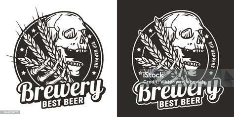 두개골과 보리가 있는 맥주 상징 양조장이나 바를 위해 뼈 손에 보리가있는 해골 술집과 맥주 공장의 흑백 디자인 라벨에 대 한 공예 맥주 벡터 로고 Ale에 대한 스톡 벡터