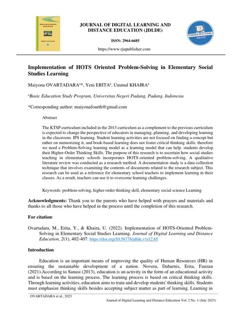 Pdf Implementation Of Hots Oriented Problem Solving In Elementary