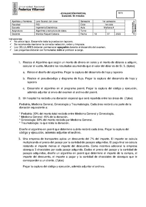 Parcial Algoritmo Y Estructura De Datos EvaluaciÓn Parcial Nota Duración 9 0 Minutos