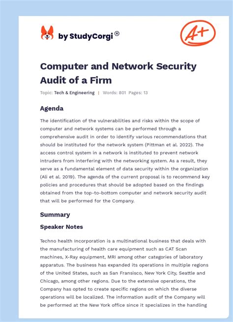Computer And Network Security Audit Of A Firm Free Essay Example