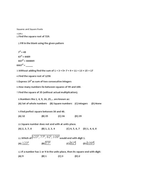 Cbse Class 8 Mathematics Worksheet Square And Square Roots Pdf