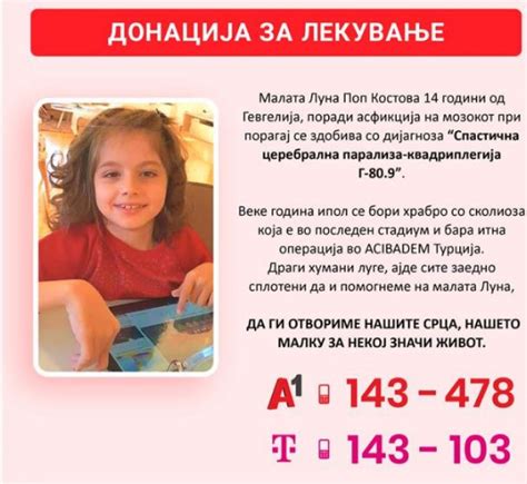 АПЕЛ ЗА ПОМОШ На Луна Поп Костова и е потребна помош за лекување во