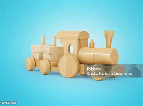 그림자와 파란색 배경에 장난감 트레일러와 나무 아이 기차 3d 렌더링 0명에 대한 스톡 사진 및 기타 이미지 0명 교육 기관차 Istock