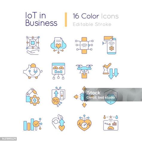 비즈니스 Rgb 색상 아이콘 세트의 Iot 개념에 대한 스톡 벡터 아트 및 기타 이미지 개념 개선 개체 그룹 Istock