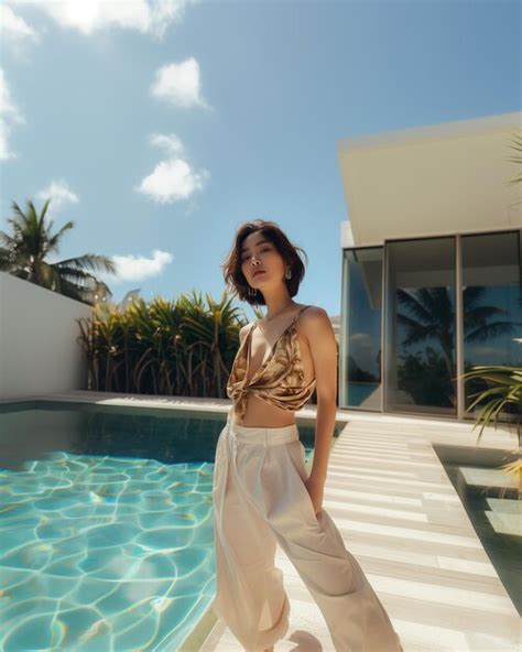 Woman Standing On A Ledge Near A Pool In A Gold Top Generative Ai