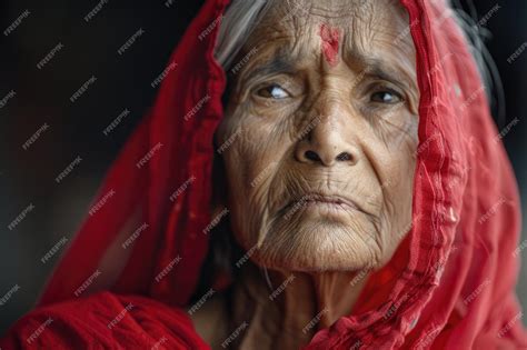Premium Photo Elderly Indian Woman In Red Saree Deep In Thought