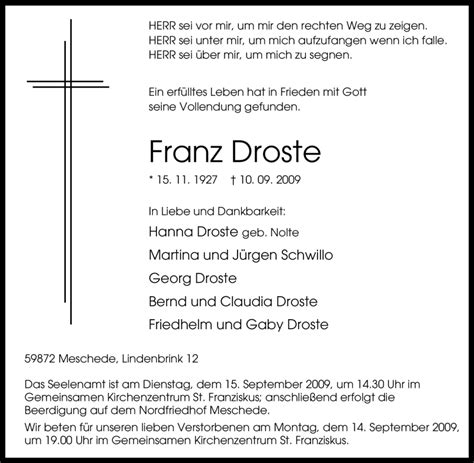 Traueranzeigen Von Franz Droste Trauer In Nrwde