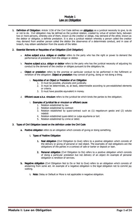 Module I Law on Obligation - Module 1 Law on Obligation Definition of Obligation: Article 1156 ...