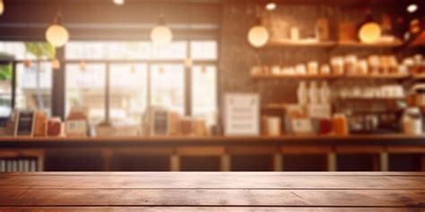 Premium Photo Blurred Coffee Shop Background With Empty Wooden Table
