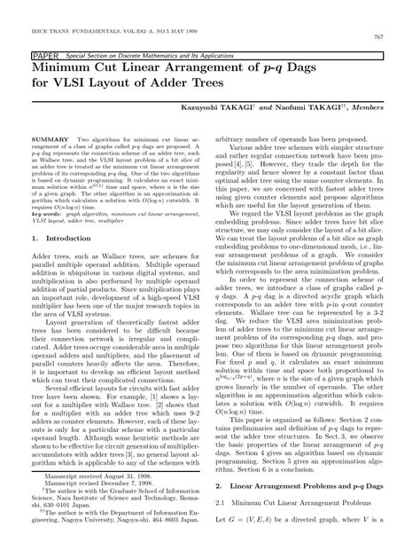 Pdf Minimum Cut Linear Arrangement Of Dags For Vlsi Layout Of Adder Trees