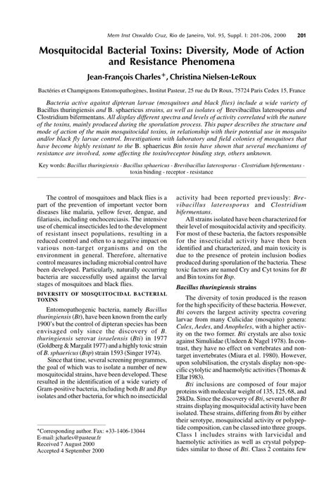 Pdf Mosquitocidal Bacterial Toxins Diversity Mode Of Action And