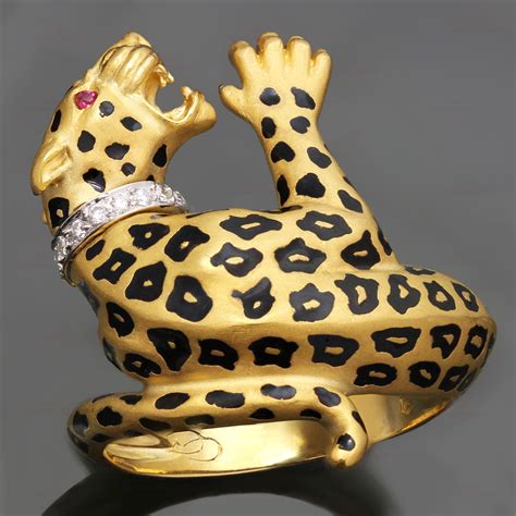 Carrera Diamond Ruby Enamel 18k Yellow Gold Leopard Ring Mts
