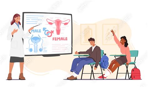 Sex Education In School Concept Teacher Female Character Stand At Blackboard Explain To Sex Education In School Concept Teacher Female Character Stand At Blackboard Explain To