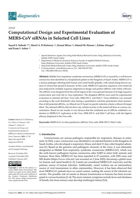 Pdf Computational Design And Experimental Evaluation Of Mers Cov Sirnas In Selected Cell Lines